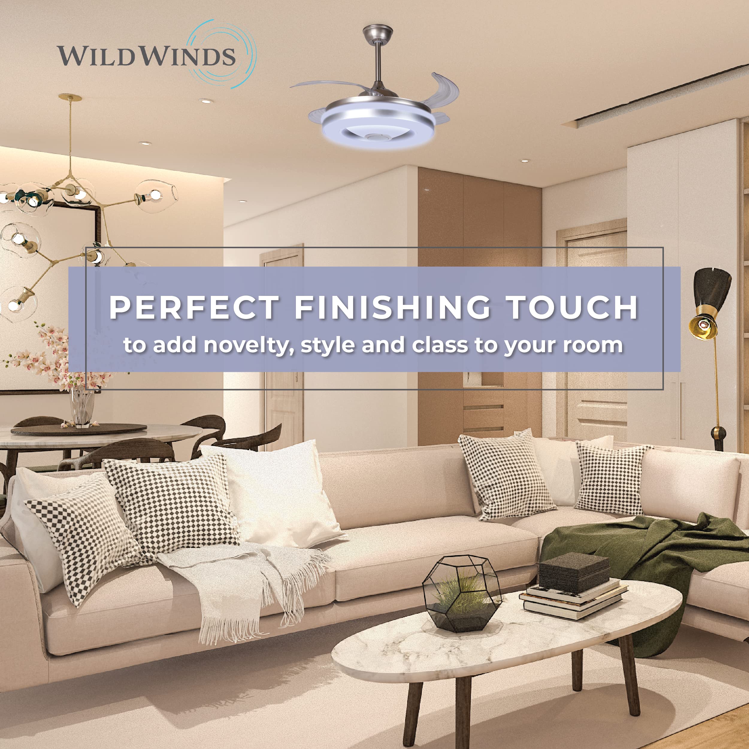 WildWinds 42" Retractable Ceiling Fan With Bluetooth Music Player Speakers | 3 Dimmable LED Lights With Adjustable Speed & Remote Voice Control | Perfect For Bedroom, Living Room & Kitchen