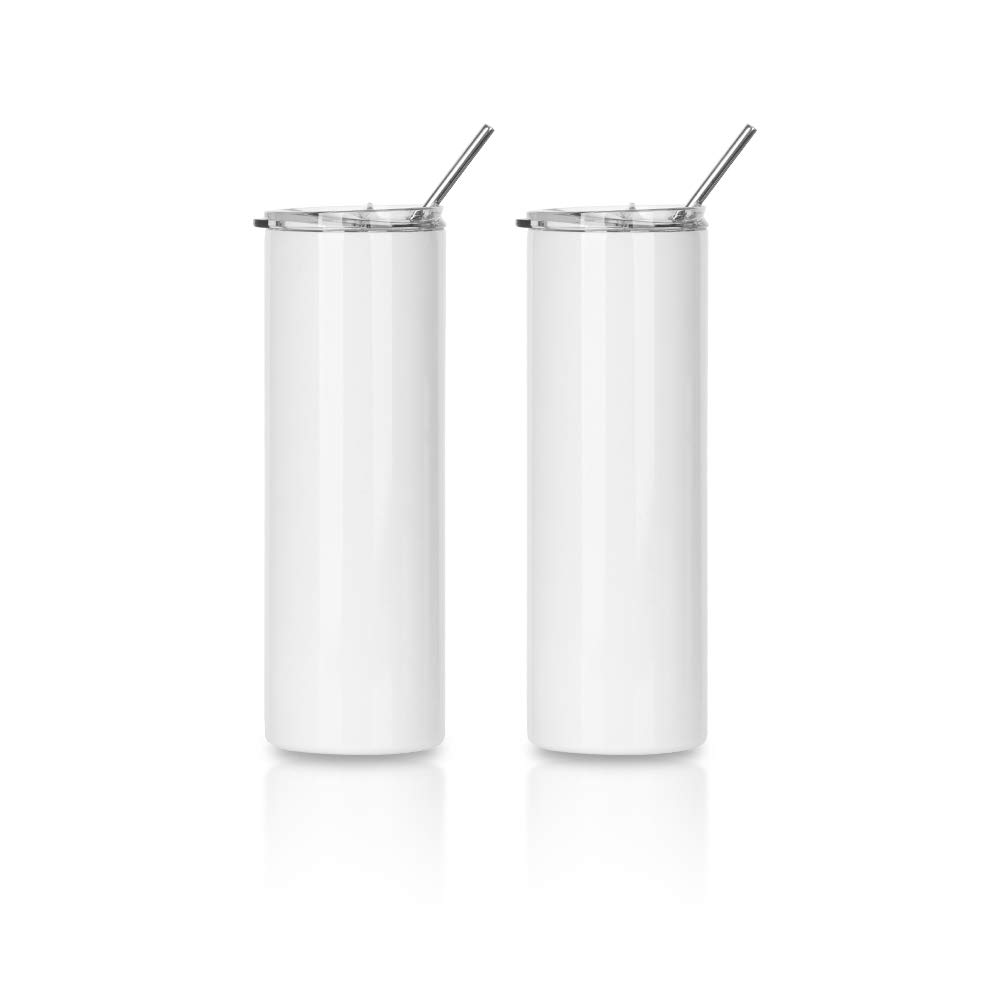 PYD Life 2 PCS Sublimation Blanks Skinny Tumbler White 20 OZ Straight Double Wall Stainless Steel Cups with Metal Straw for Tumbler Heat Press Machine Printing