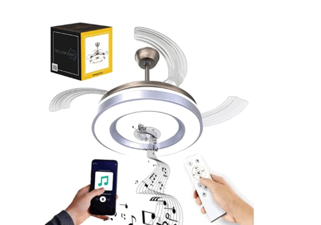 WildWinds 42" Retractable Ceiling Fan With Bluetooth Music Player Speakers | 3 Dimmable LED Lights With Adjustable Speed & Remote Voice Control | Perfect For Bedroom, Living Room & Kitchen