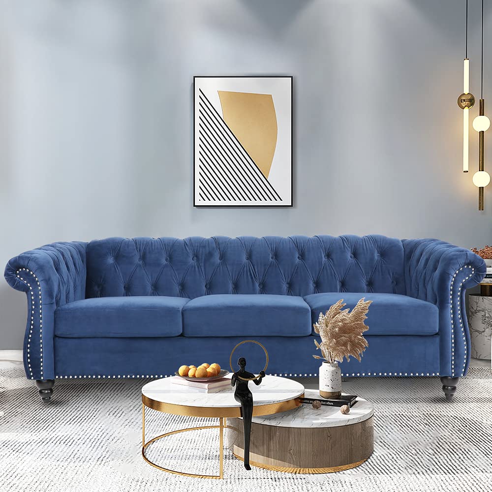 NOSGA Large Sofa, Modern 3 Seater Couch Furniture, Three-seat Sofa Classic Tufted Chesterfield Settee Sofa Tufted Back for Living Room (Blue)