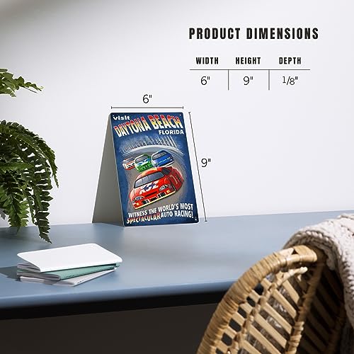 Lantern Press 6x9 Inch Wood Sign, Ready to Hang Wall Decor, Daytona Beach, Florida, Racecar Scene