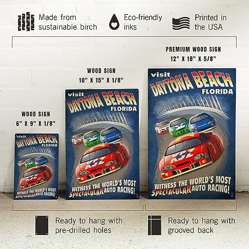 Lantern Press 6x9 Inch Wood Sign, Ready to Hang Wall Decor, Daytona Beach, Florida, Racecar Scene