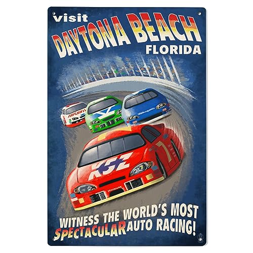 Lantern Press 6x9 Inch Wood Sign, Ready to Hang Wall Decor, Daytona Beach, Florida, Racecar Scene