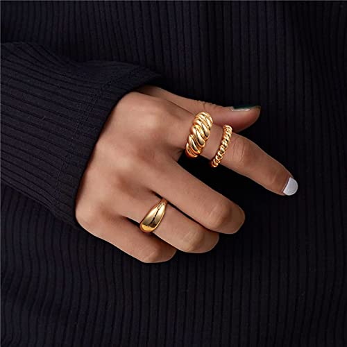 LANE WOODS Chunky Ring Set: 14k Gold Plated Croissant Braided Twisted Dome Ring Jewelry for Women Men