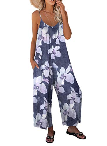 Dokotoo Women's Loose Plus Size Jumpsuits for Women Adjustable Spaghetti Strap Stretchy Wide Leg Flower Floral Print One Piece Sleeveless Long Pant Romper Jumpsuit with Pockets Multicolor Medium