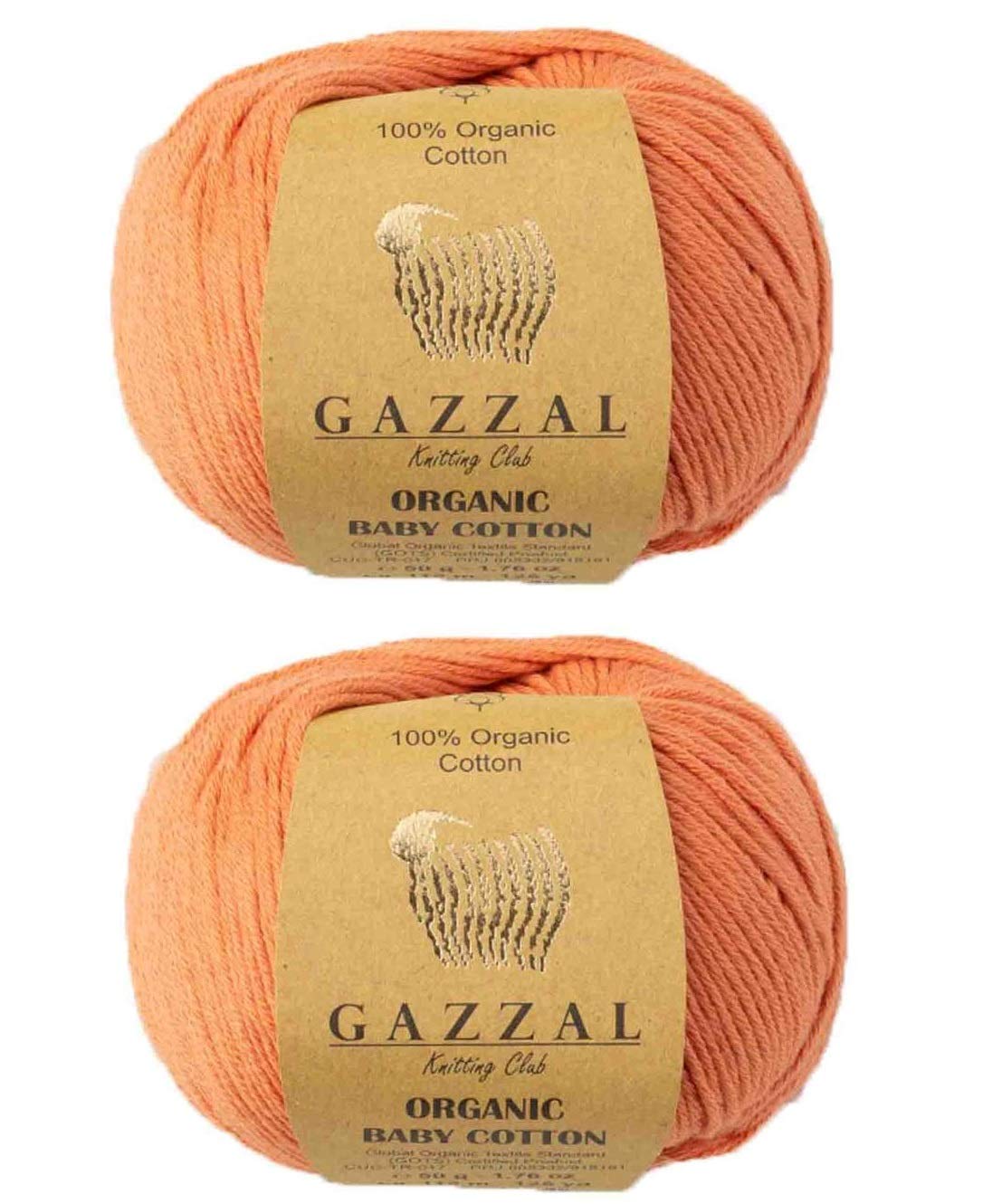 Gazzal Organic Baby Cotton Yarn 100% Organic Cotton, 2 Ball (Pack) Total 3.52 Oz. Each 1.76 Oz (50g) / 125 Yrds (115 m), 3 Light DK,Global Organic Textile Standard(GOTS) (438 Orange)