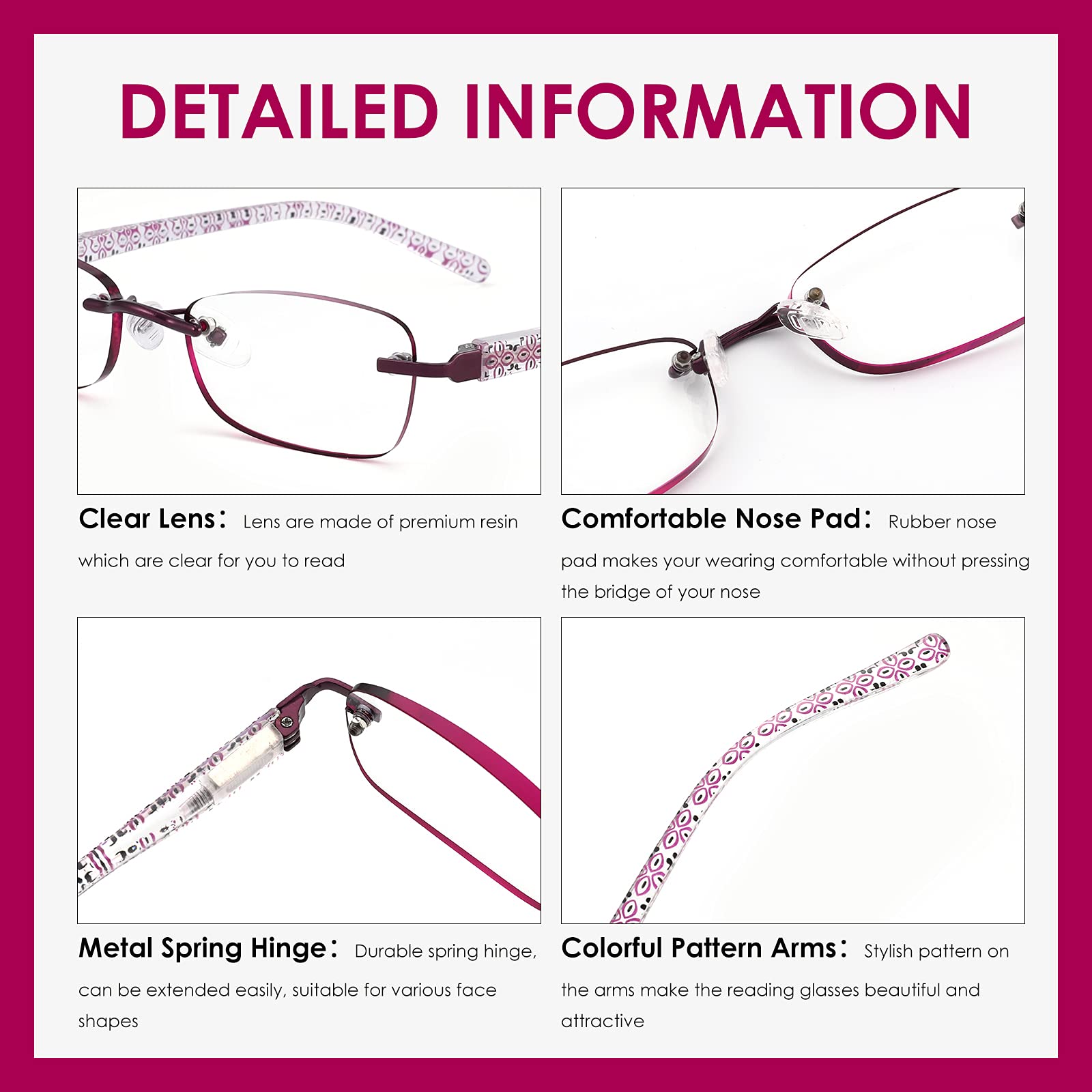 LOVIVY 3 Pack Rimless Reading Glasses for Women Blue Light Blocking Readers Tinted Edge Spring Hinge Pattern Print Arm Eyeglasses Mix 2.50