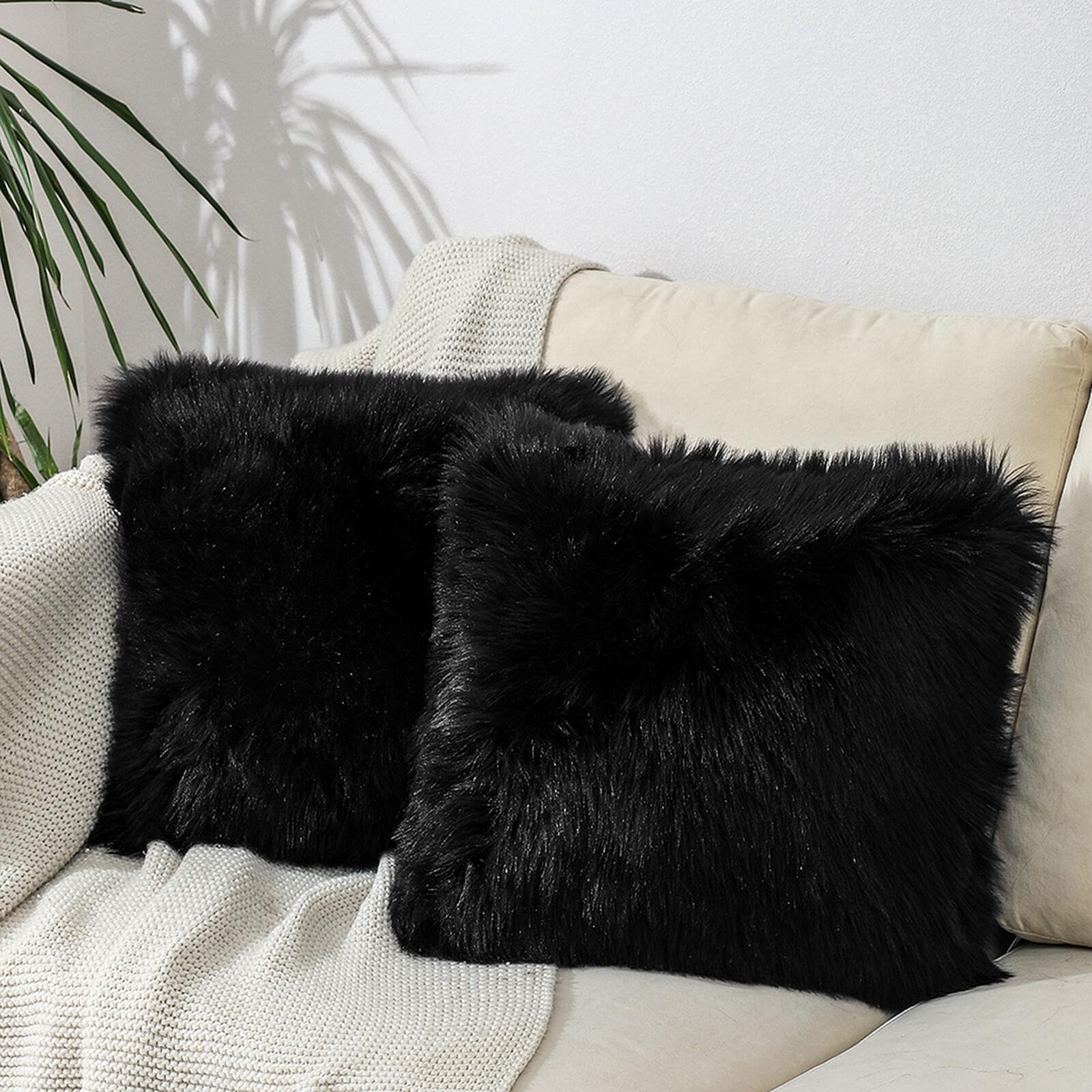 linmopm Excluding Insert Faux Fur Sheepskin Pillow Cover White Shag Fuzzy 18x18 Inch Black 2 Pcs Super Soft Fluffy Cushion Plush Pillow Case Luxury Living Room Sofa Bed Home Decor Chair Cushion