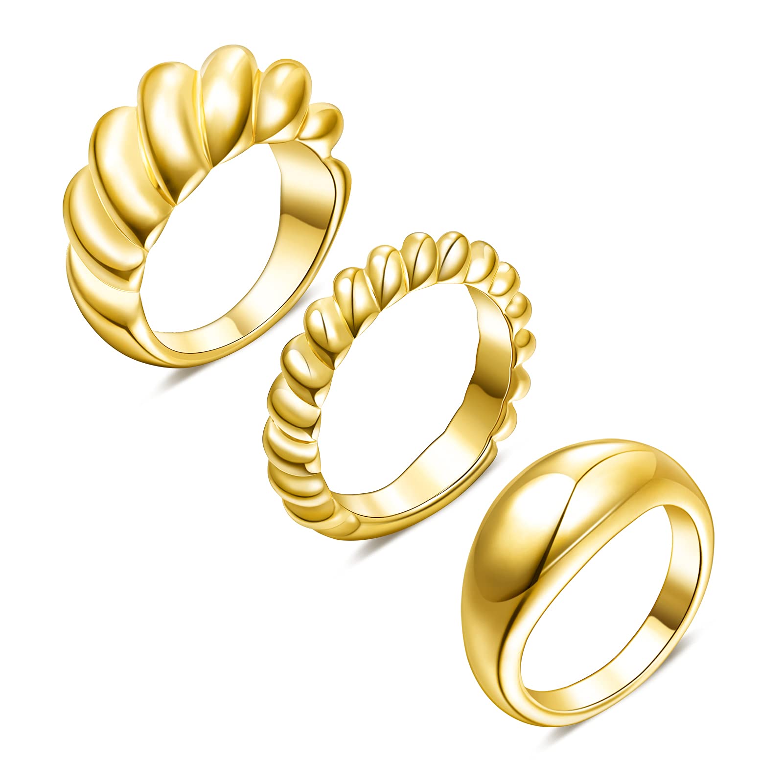 LANE WOODS Chunky Ring Set: 14k Gold Plated Croissant Braided Twisted Dome Ring Jewelry for Women Men
