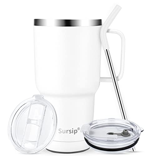 Sursip 30oz Insulated Mug/Tumbler With Lid and Straw,Stainless Steel Vacuum Tumbler,Keep Cold and Hot,BPA Free,Leak Proof,Dishwasher Safe,Car Holder,Gifts/Travel Mug/Coffee Tumbler(Whtie-1Pack)