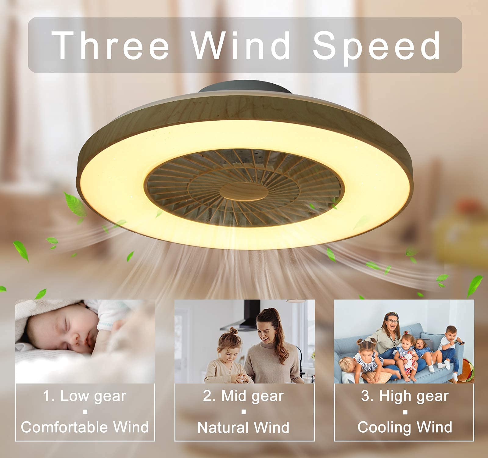 Anresun 23" LED Ceiling Fan with Lights, for Indoor Kitchen Bathroom Bedroom, Dimmable with Remote Control, 3 Files, Adjustable Wind Speed, Modern Ceiling Fan
