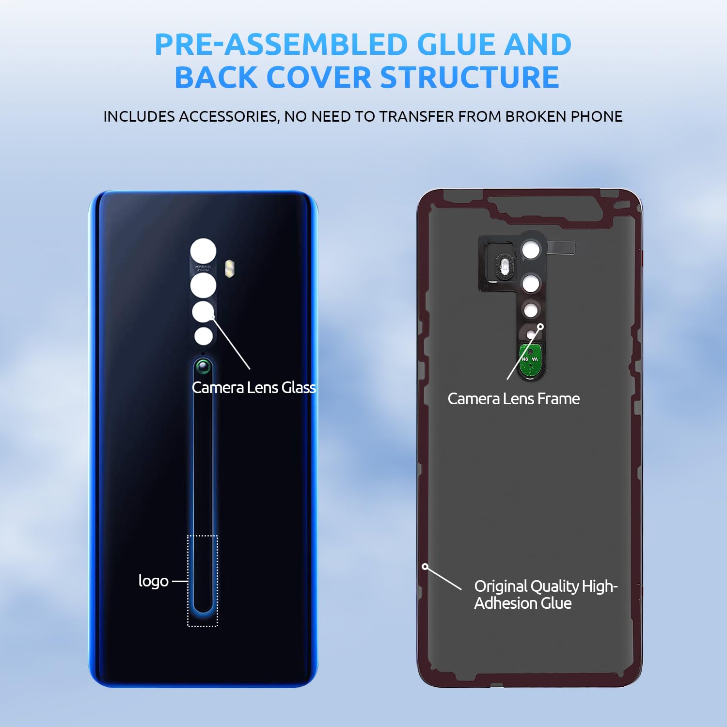 Eonpam Back Glass Replacement for Oppo Reno2 Back Cover Rear Housing with Camera Lens + Repair Tool Kit Genuine Rear Glass (Black)