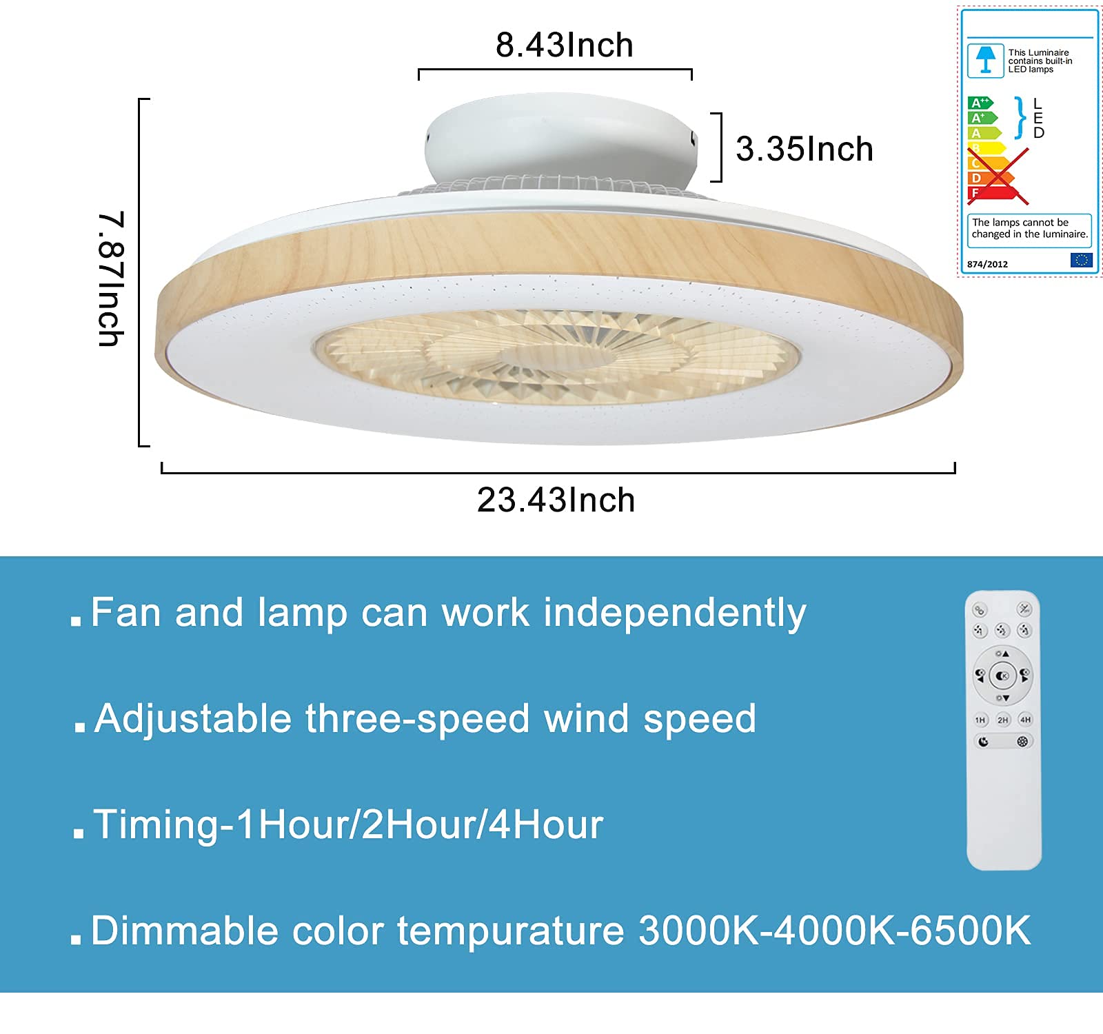 Anresun 23" LED Ceiling Fan with Lights, for Indoor Kitchen Bathroom Bedroom, Dimmable with Remote Control, 3 Files, Adjustable Wind Speed, Modern Ceiling Fan