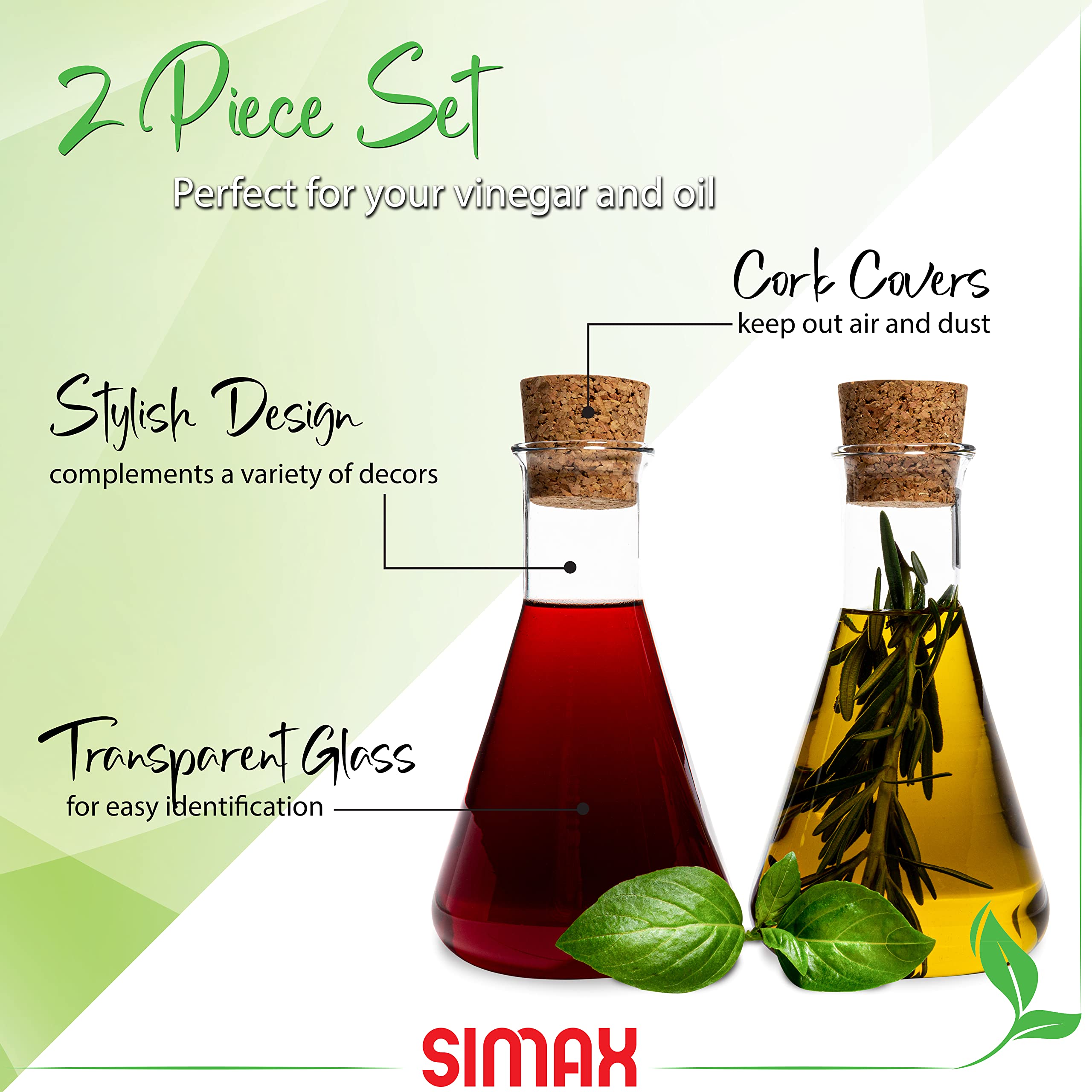 Simax Borosilicate Glass Oil & Vinegar Dispenser Set - 2 x 8 Oz Olive Oil & Vinegar Cruet with Cork Top