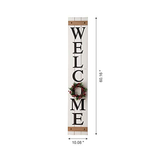Glitzhome Welcome Sign for Front Door Porch Rustic Farmhouse Wooden Hanging Wall Decor with Interchangeable Floral Wreath, 60" H, White