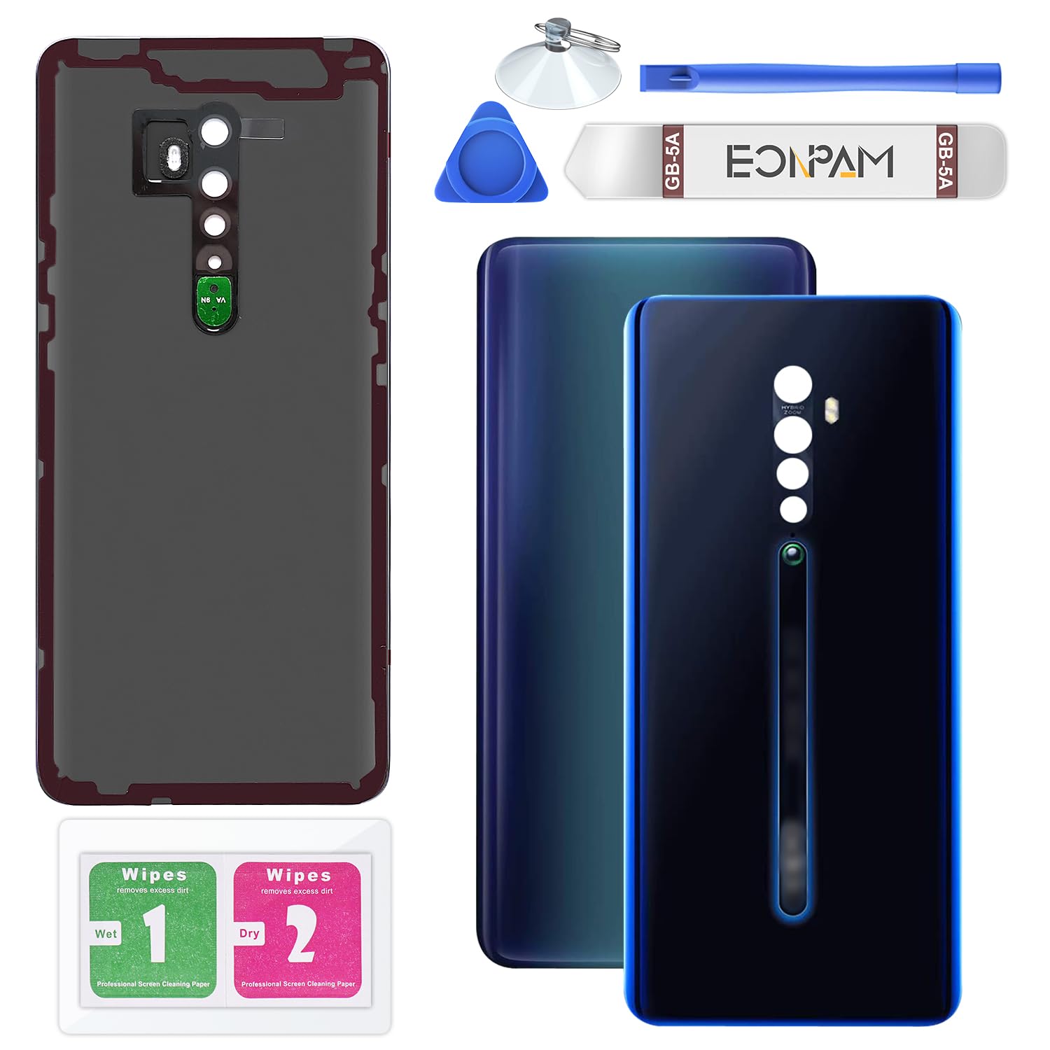 Eonpam Back Glass Replacement for Oppo Reno2 Back Cover Rear Housing with Camera Lens + Repair Tool Kit Genuine Rear Glass (Black)