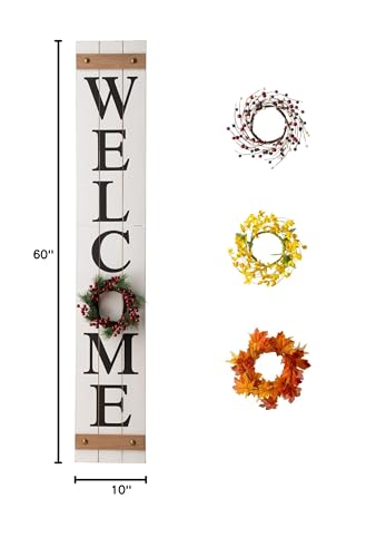 Glitzhome Welcome Sign for Front Door Porch Rustic Farmhouse Wooden Hanging Wall Decor with Interchangeable Floral Wreath, 60" H, White