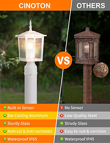 CINOTON Outdoor Post Light Fixture Dusk to Dawn, Exterior Post Lantern Lights IP65 Waterproof with Pier Mount Base, Lamp Garden Post Lights Pole Mount for Patio Pathway Deck Yard Decor Street, White
