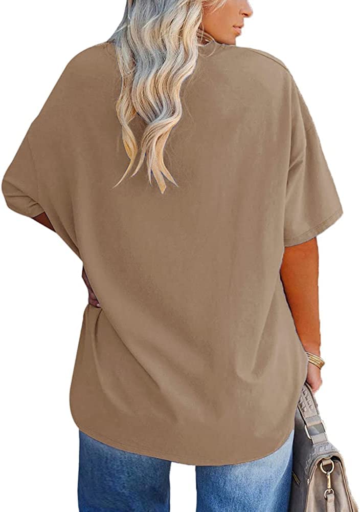 Fisoew Womens Plus Size T-Shirts Summer Oversized Half Sleeve Crew Neck Tunic Tops Tees Khaki