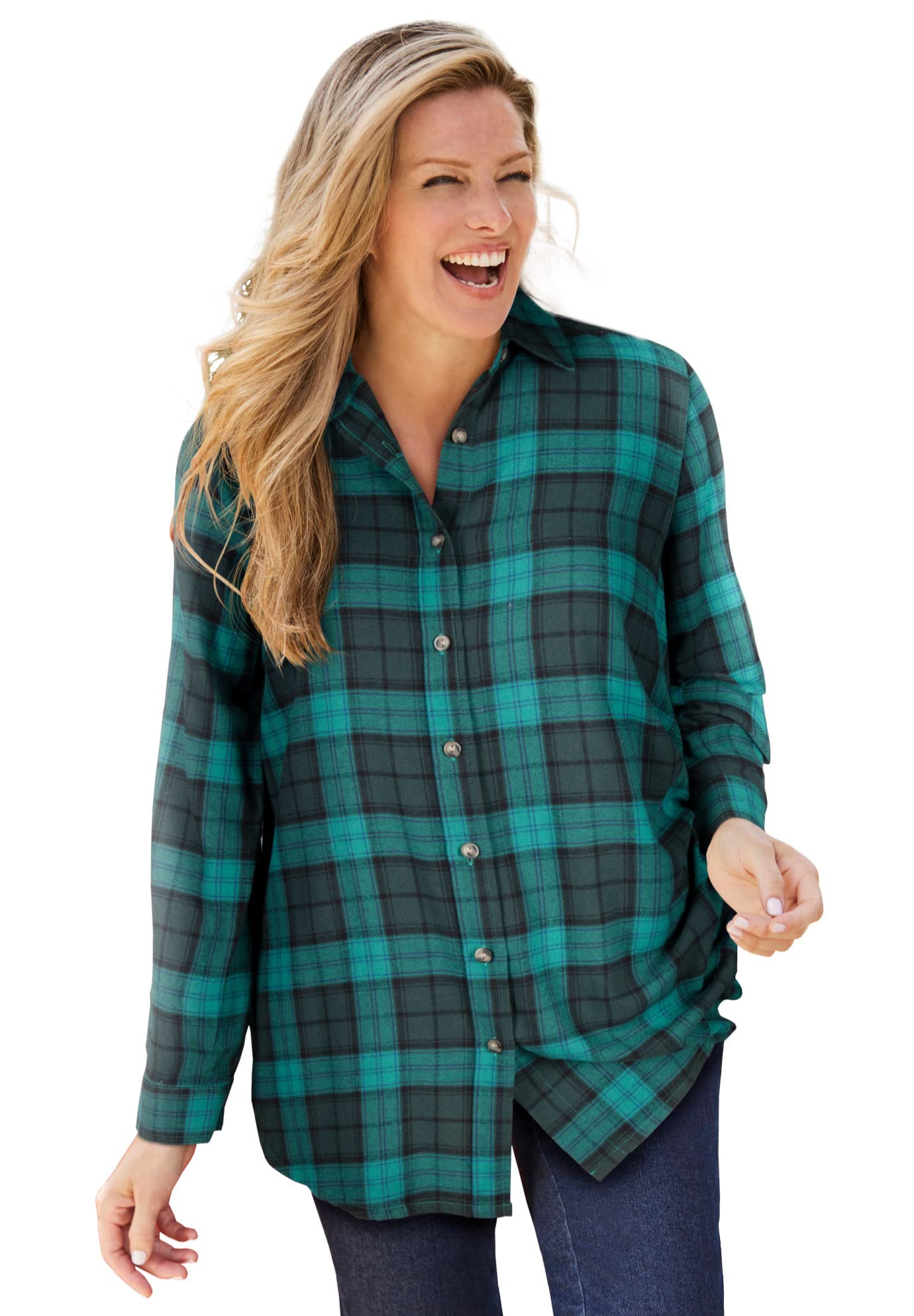 Woman Within Women's Plus Size Classic Flannel Shirt - 3X, Vivid Red Buffalo Plaid