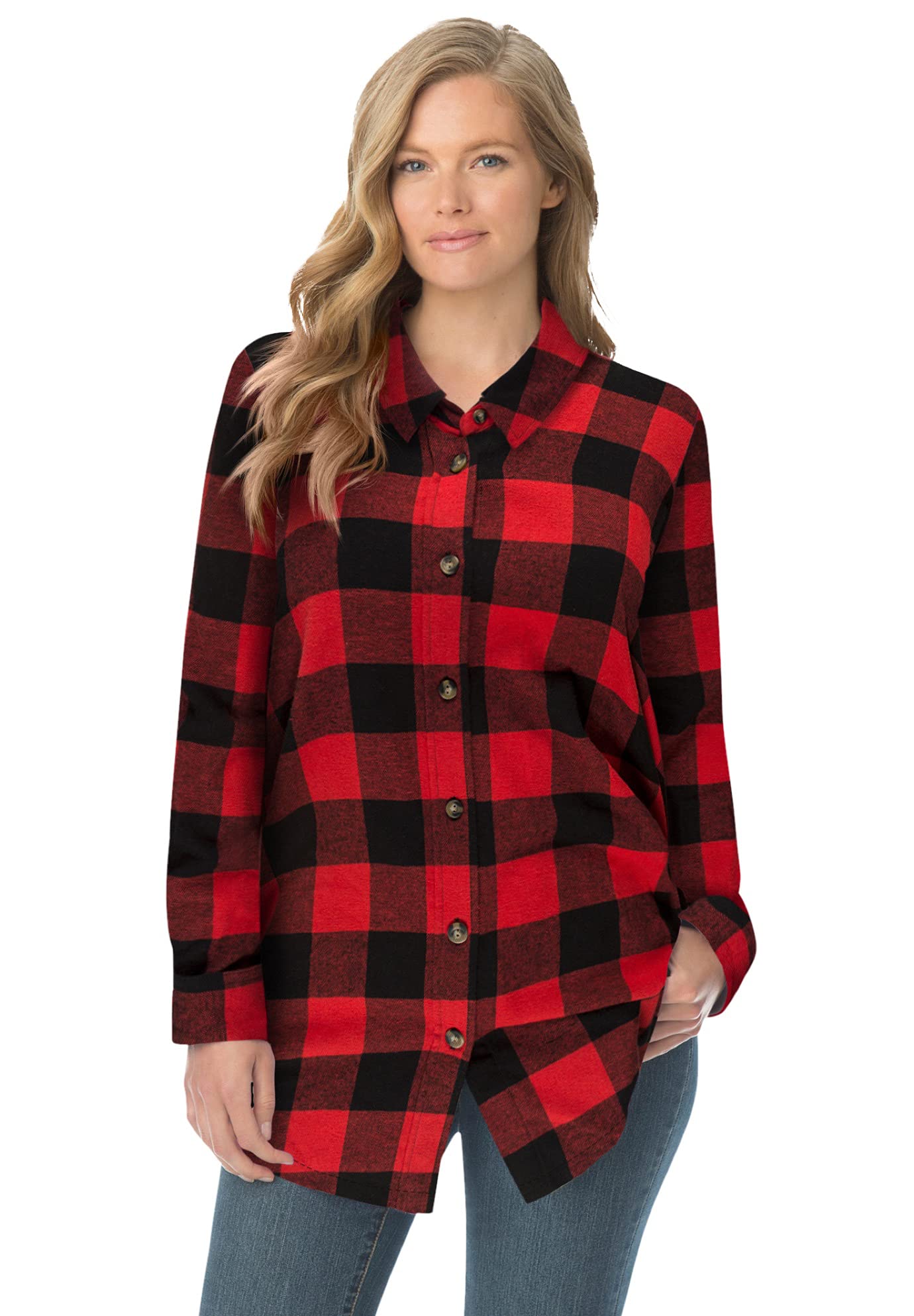 Woman Within Women's Plus Size Classic Flannel Shirt - 3X, Vivid Red Buffalo Plaid
