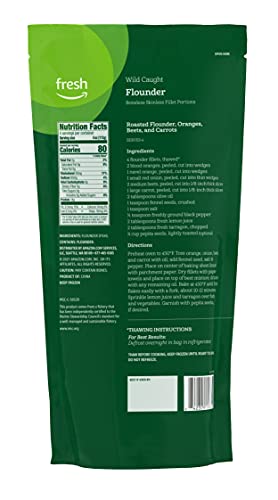 Amazon Fresh Brand, Wild Caught Flounder Boneless Skinless Fillet Portions, Frozen, Sustainably Sourced, 1 Lb