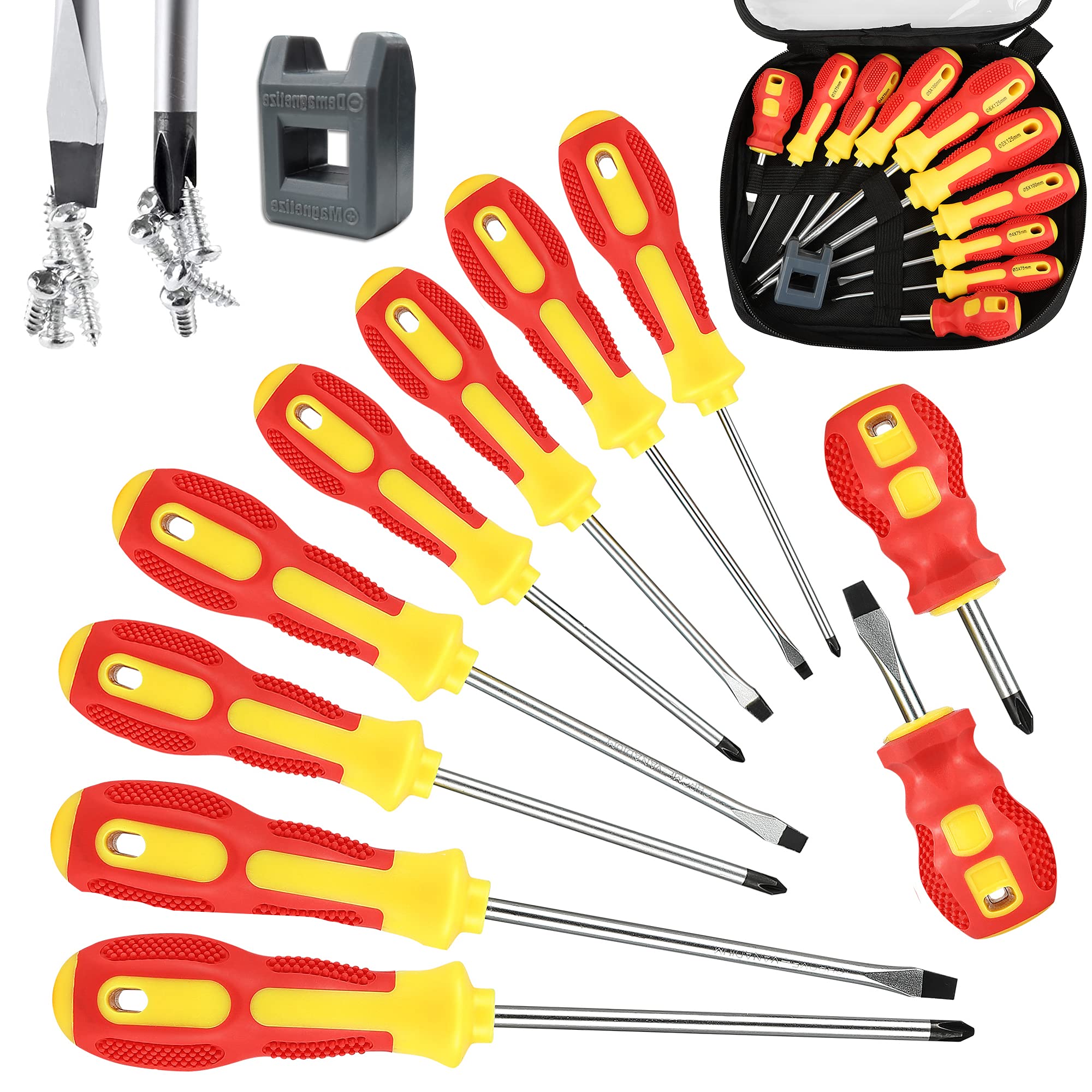 VHEONET Magnetic Screwdriver Sets 10 PCS,Craftsman Screwdriver Set with Bag,Flat Head Phillips Screwdriver, Non-Slip Cushion Grip for Repair Home Improvement,Red & Yellow