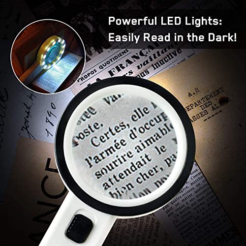 SUPULSE Magnifying Glass with Light, 30X Handheld Large Magnifying Glass 12 LED Illuminated Lighted Magnifier for Macular Degeneration Seniors Reading Inspection Coins Jewelry