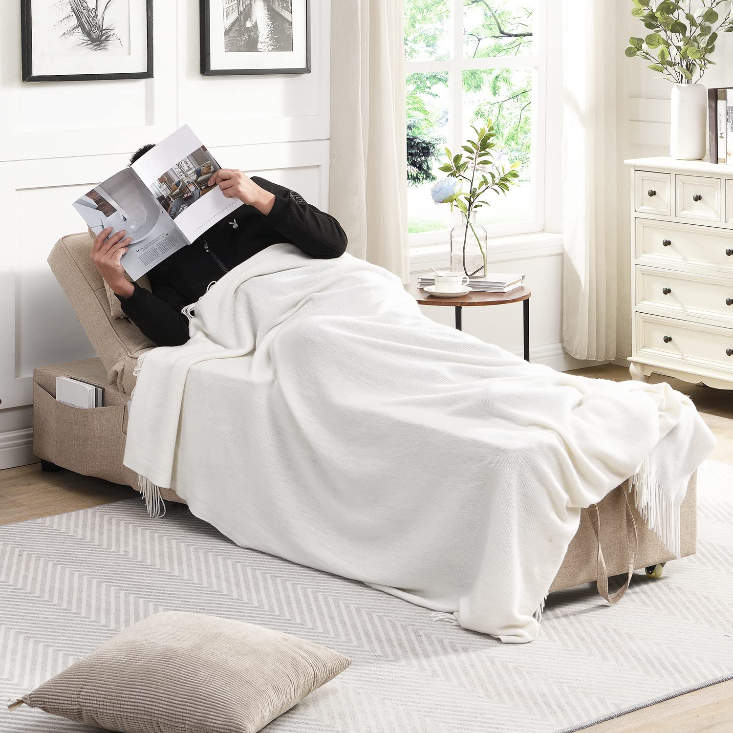 Cynefin Futon Chair with Lumbar Pillow and 3 Side Pockets, Sofa Bed Chair, Convertible Chair Sleeper Bed, 4 in 1 Ottoman Bed Tufted Fabric(70.8 x 26.3 x 16.4 inches, Beige)