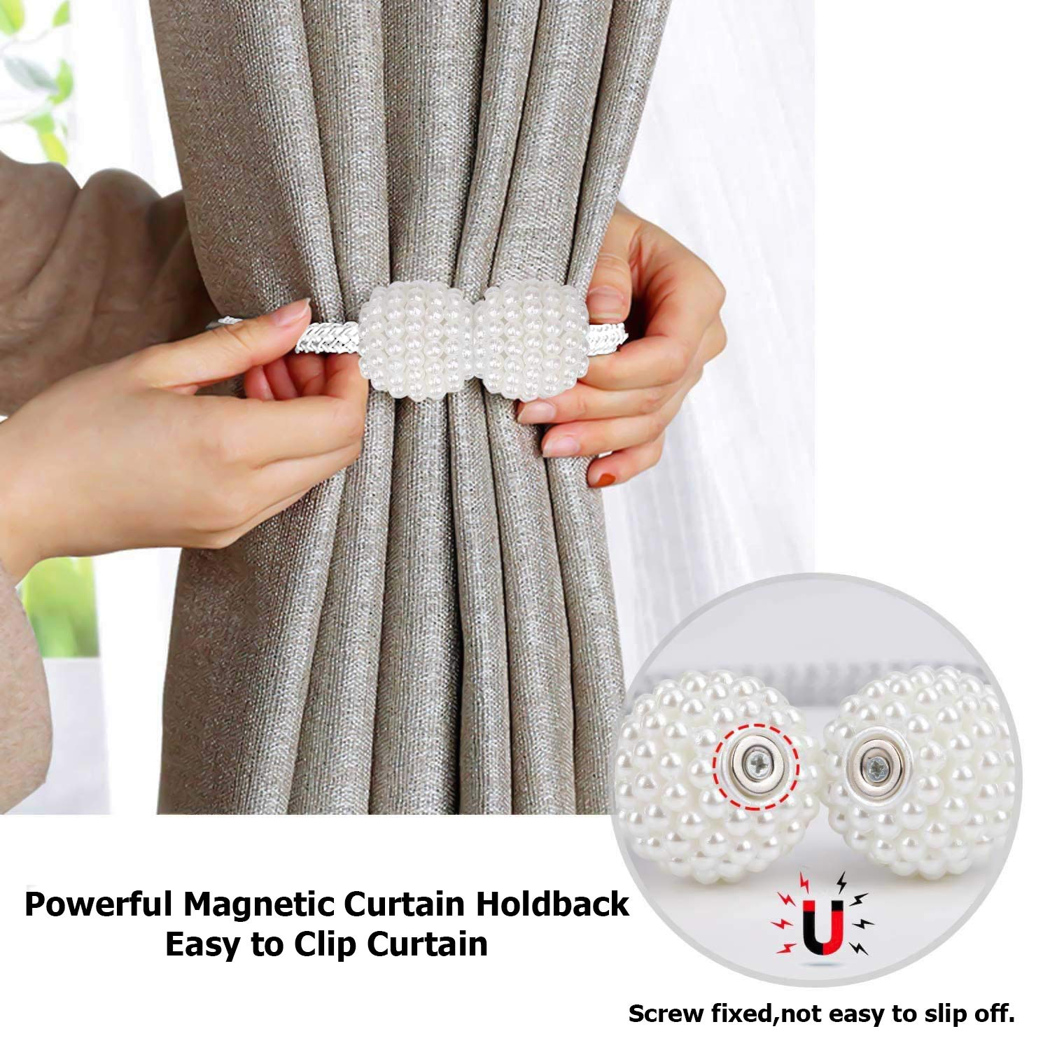 8 Pack Magnetic Curtain Tiebacks,Convenient Drape Tie Backs Decorative Curtain Holdbacks Holder Curtain Tiebacks for Window Draperies, No Tools Required-Pearl Shape (White)