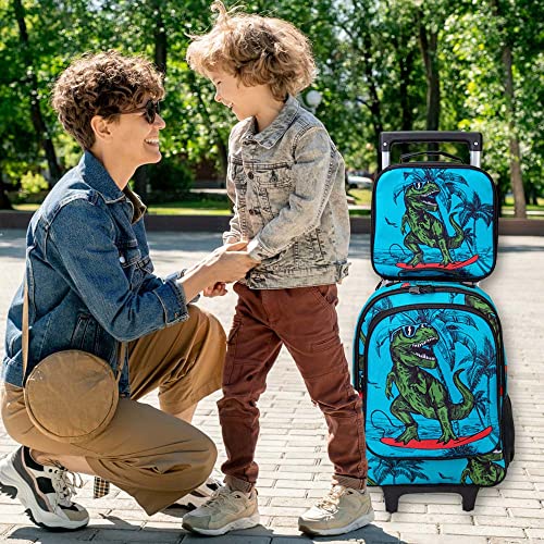 3PCS Rolling Backpack for Boys, Kids Roller Wheels Bookbag, Wheeled School Bag with Lunch Bag - Dinosaur