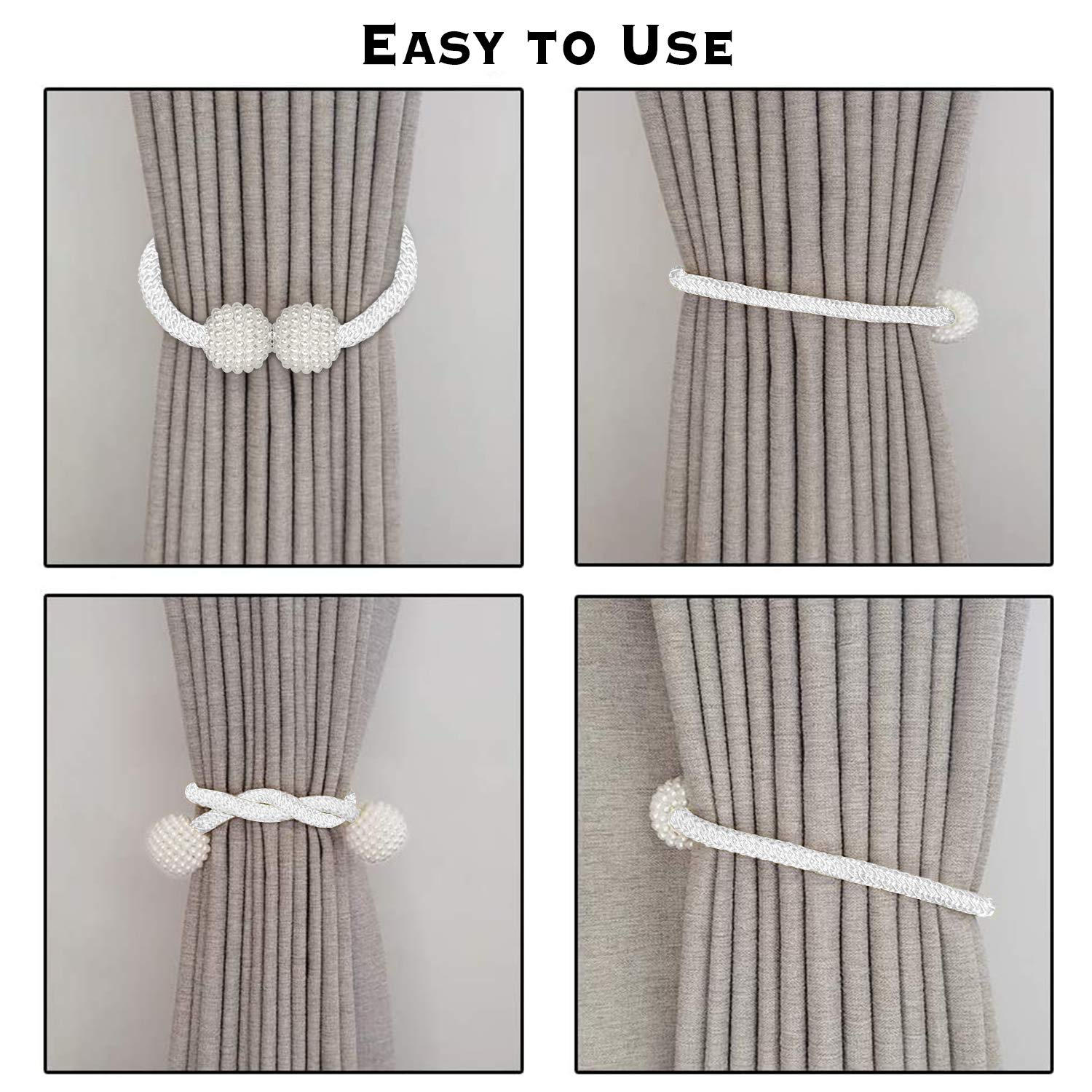 8 Pack Magnetic Curtain Tiebacks,Convenient Drape Tie Backs Decorative Curtain Holdbacks Holder Curtain Tiebacks for Window Draperies, No Tools Required-Pearl Shape (White)