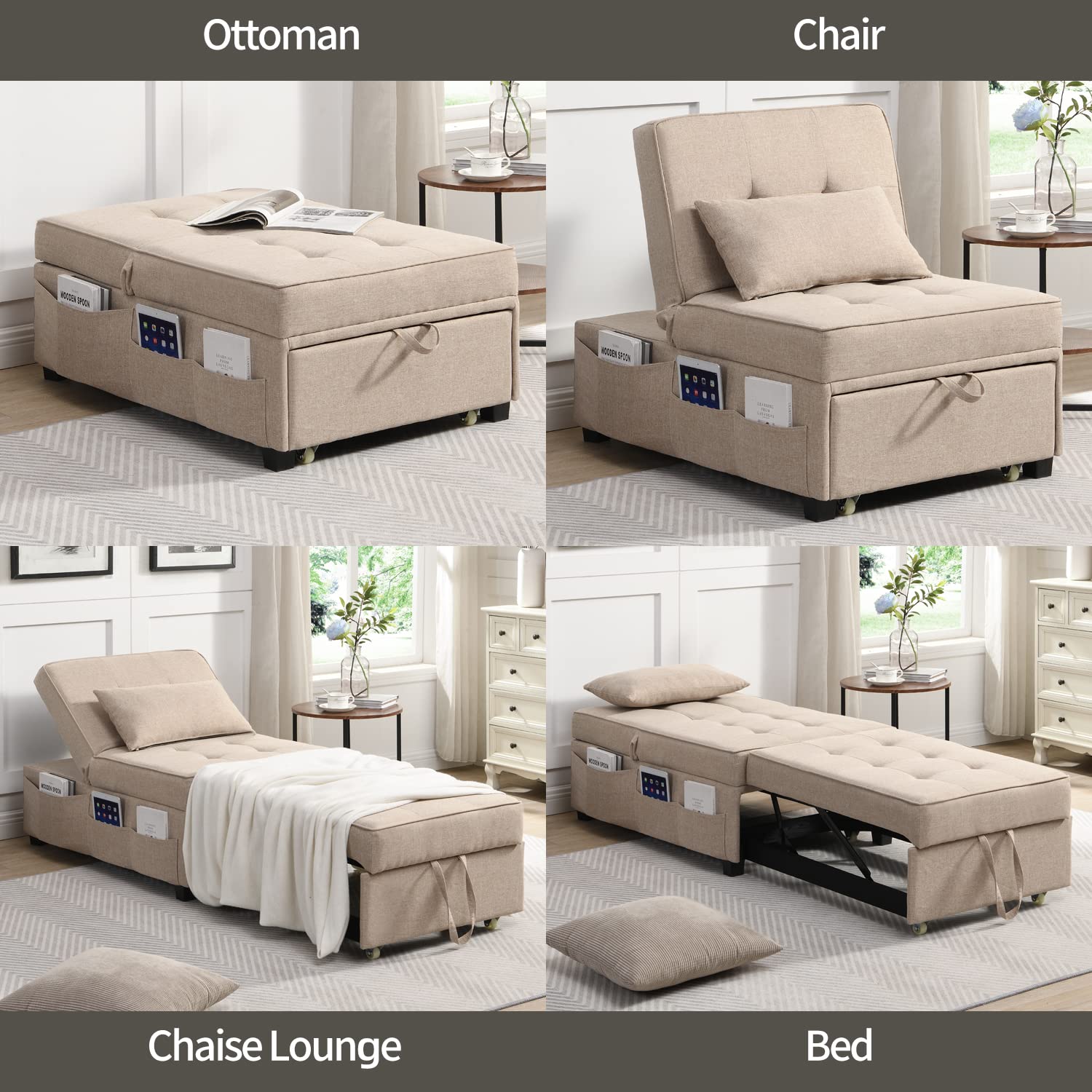Cynefin Futon Chair with Lumbar Pillow and 3 Side Pockets, Sofa Bed Chair, Convertible Chair Sleeper Bed, 4 in 1 Ottoman Bed Tufted Fabric(70.8 x 26.3 x 16.4 inches, Beige)