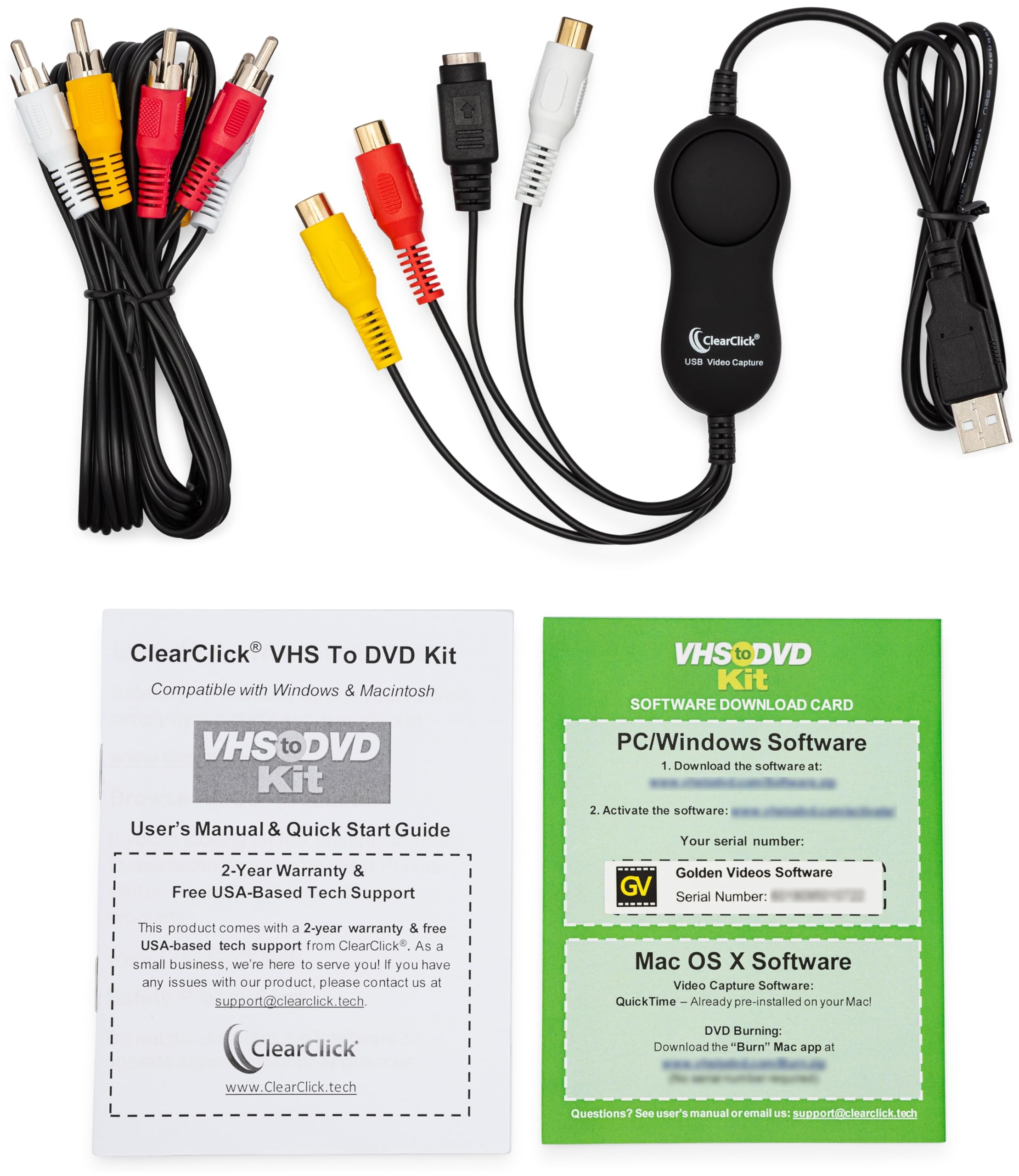 ClearClick VHS to DVD Kit for PC & Mac - USB Device, Software, Instructions, & Tech Support - Capture Video from VCR, VHS, Hi8, Camcorders, Gaming Systems