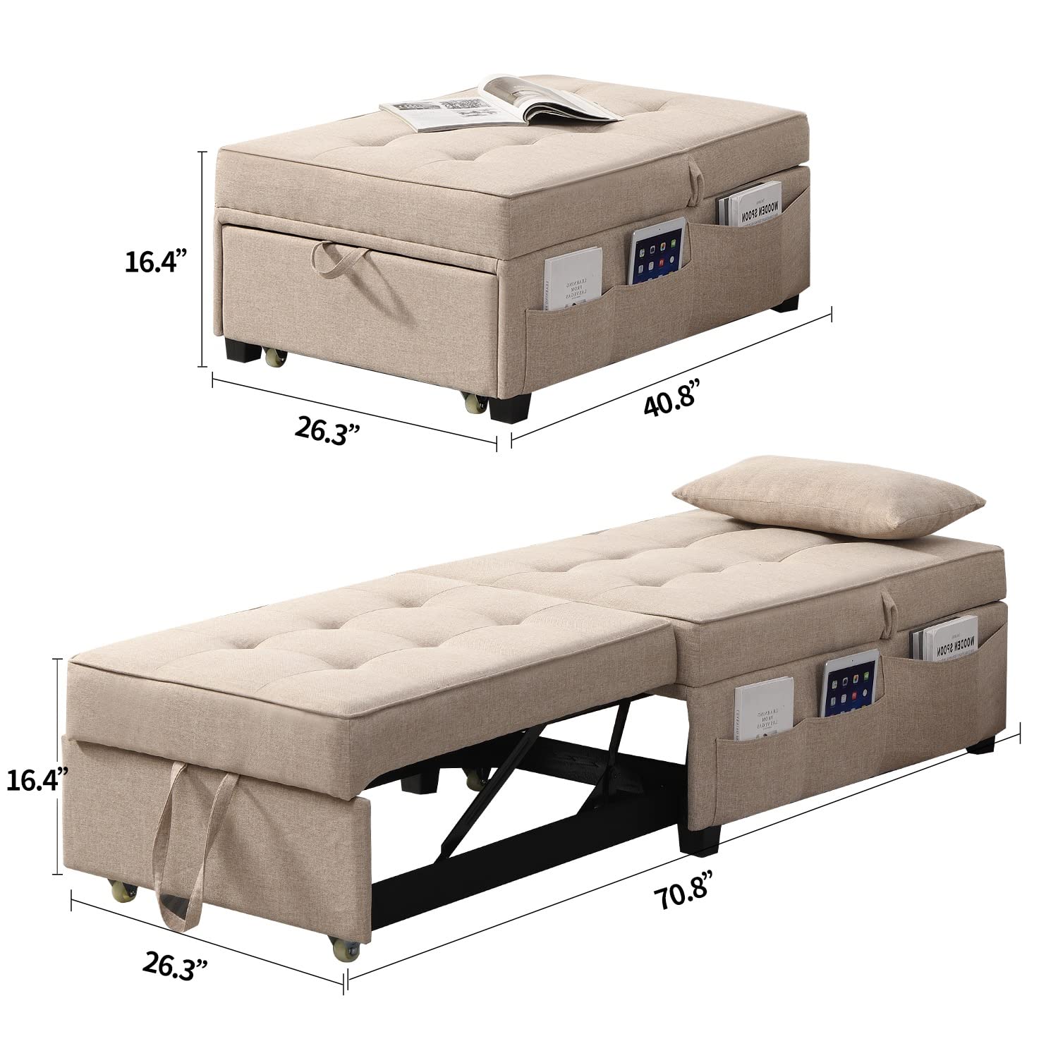 Cynefin Futon Chair with Lumbar Pillow and 3 Side Pockets, Sofa Bed Chair, Convertible Chair Sleeper Bed, 4 in 1 Ottoman Bed Tufted Fabric(70.8 x 26.3 x 16.4 inches, Beige)