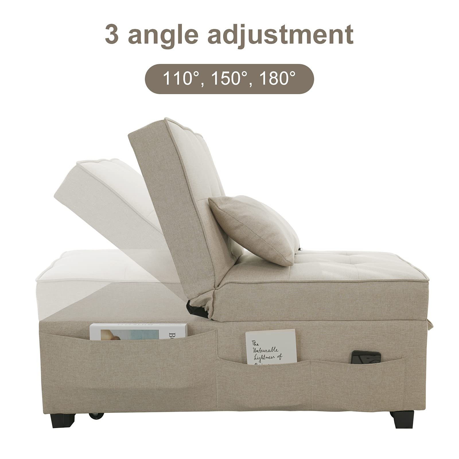 Cynefin Futon Chair with Lumbar Pillow and 3 Side Pockets, Sofa Bed Chair, Convertible Chair Sleeper Bed, 4 in 1 Ottoman Bed Tufted Fabric(70.8 x 26.3 x 16.4 inches, Beige)