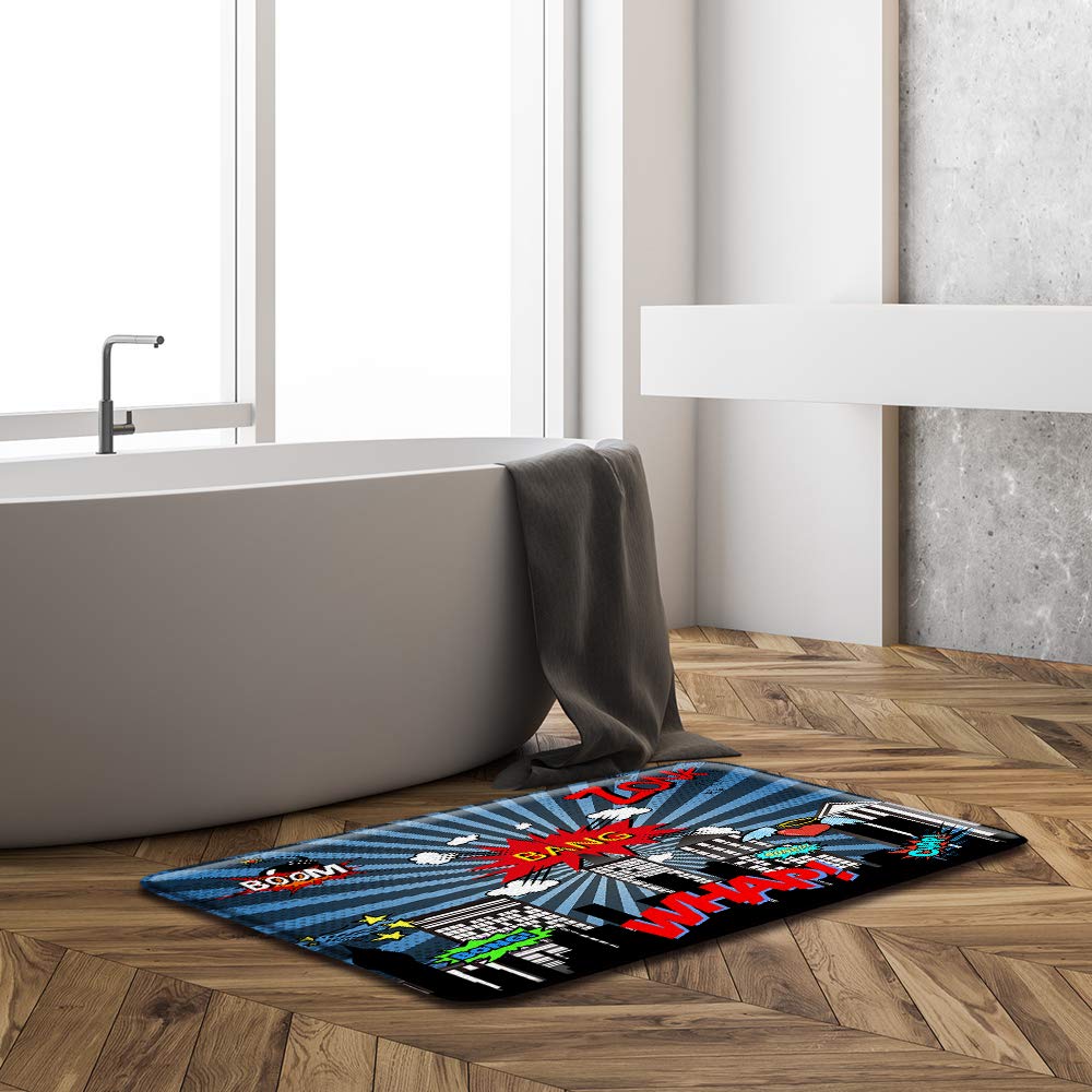 AMFD Superhero Bath Mat Retro Buildings Cityscape Skyline Cartoon Comic Art Boom Scream Splash Bang Symbol Red Black Bathroom Shower Mat Kitchen Rug Microfiber Memory Foam 20x31 Inches