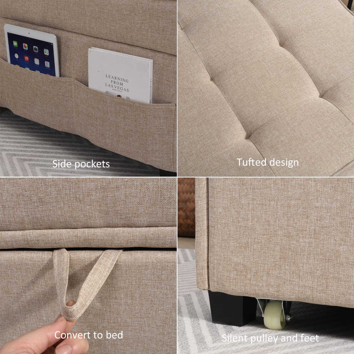 Cynefin Futon Chair with Lumbar Pillow and 3 Side Pockets, Sofa Bed Chair, Convertible Chair Sleeper Bed, 4 in 1 Ottoman Bed Tufted Fabric(70.8 x 26.3 x 16.4 inches, Beige)