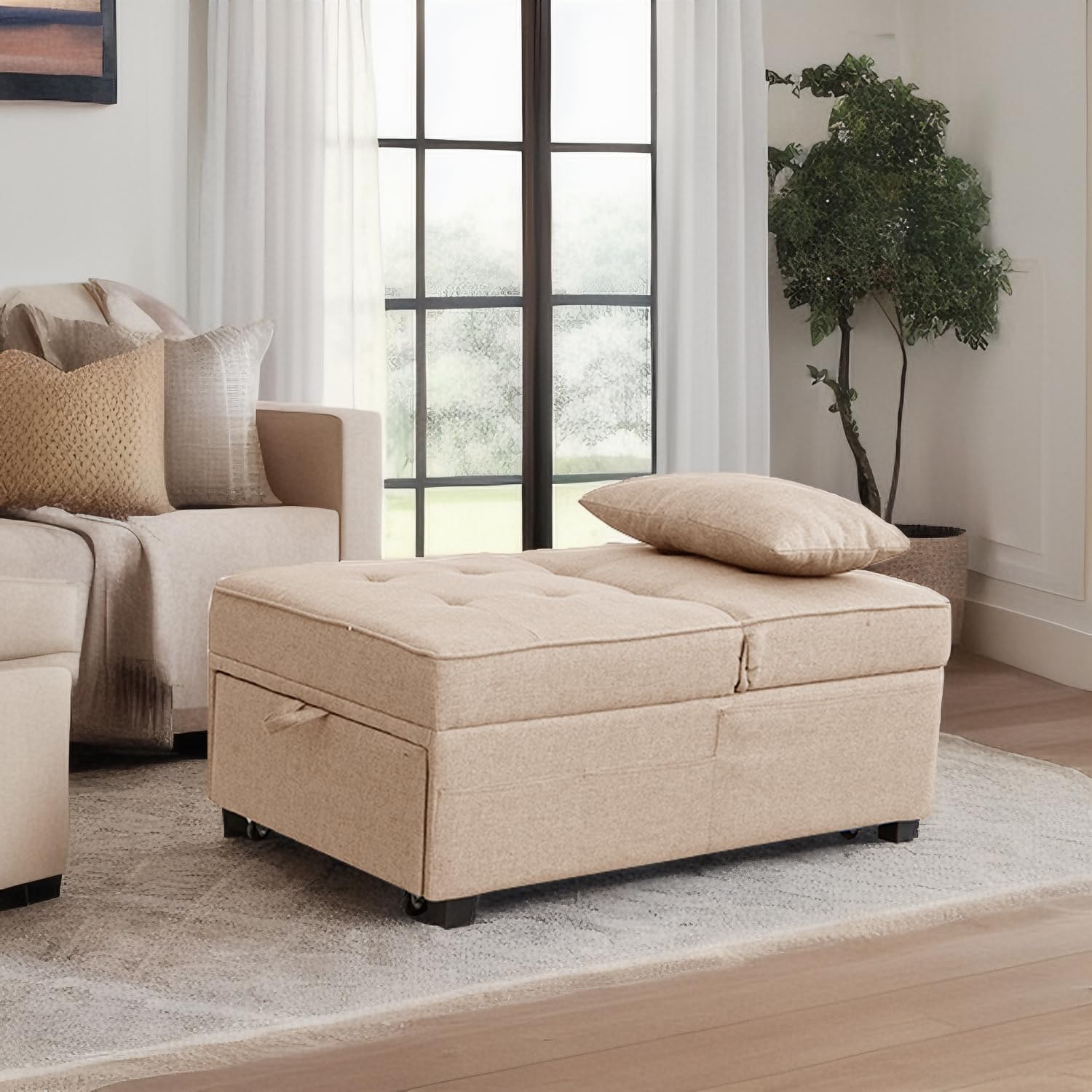Cynefin Futon Chair with Lumbar Pillow and 3 Side Pockets, Sofa Bed Chair, Convertible Chair Sleeper Bed, 4 in 1 Ottoman Bed Tufted Fabric(70.8 x 26.3 x 16.4 inches, Beige)
