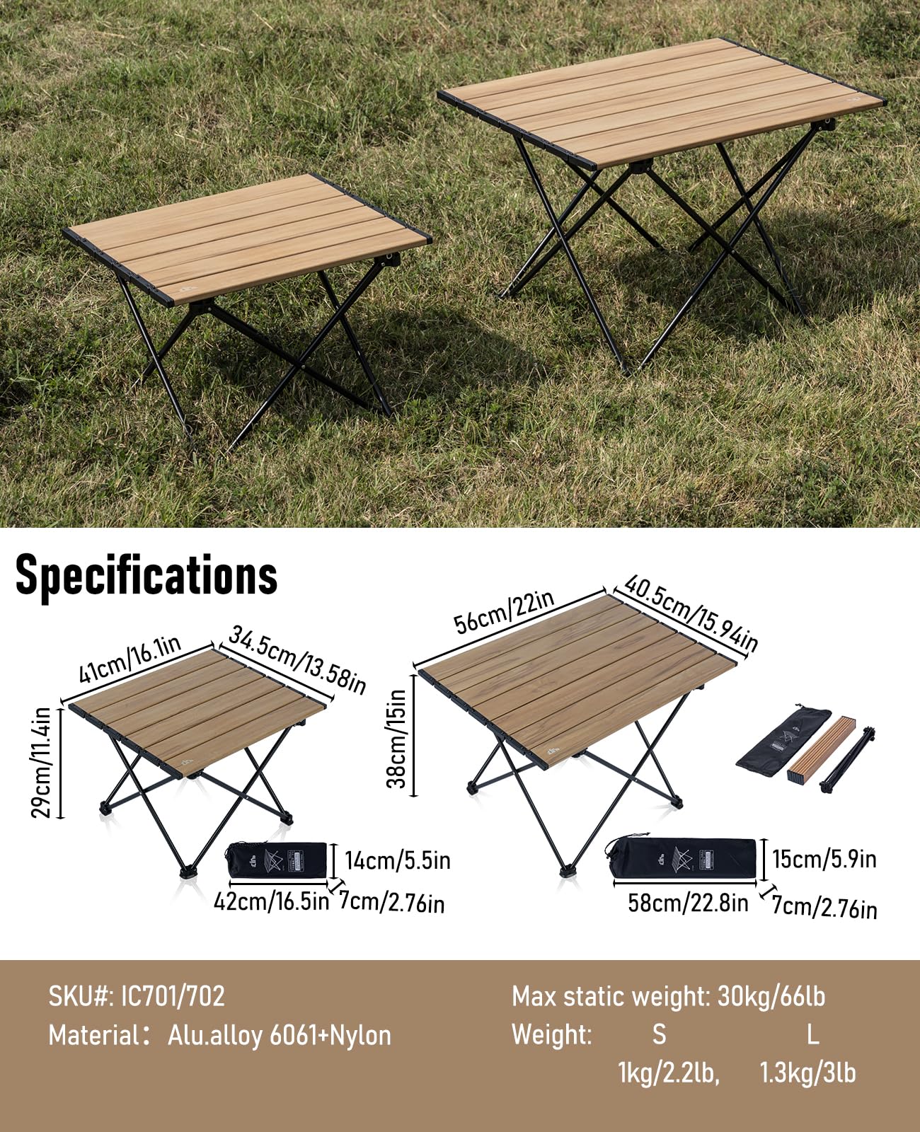 iClimb Ultralight Compact Camping Folding Table with Carry Bag (Nature- S)