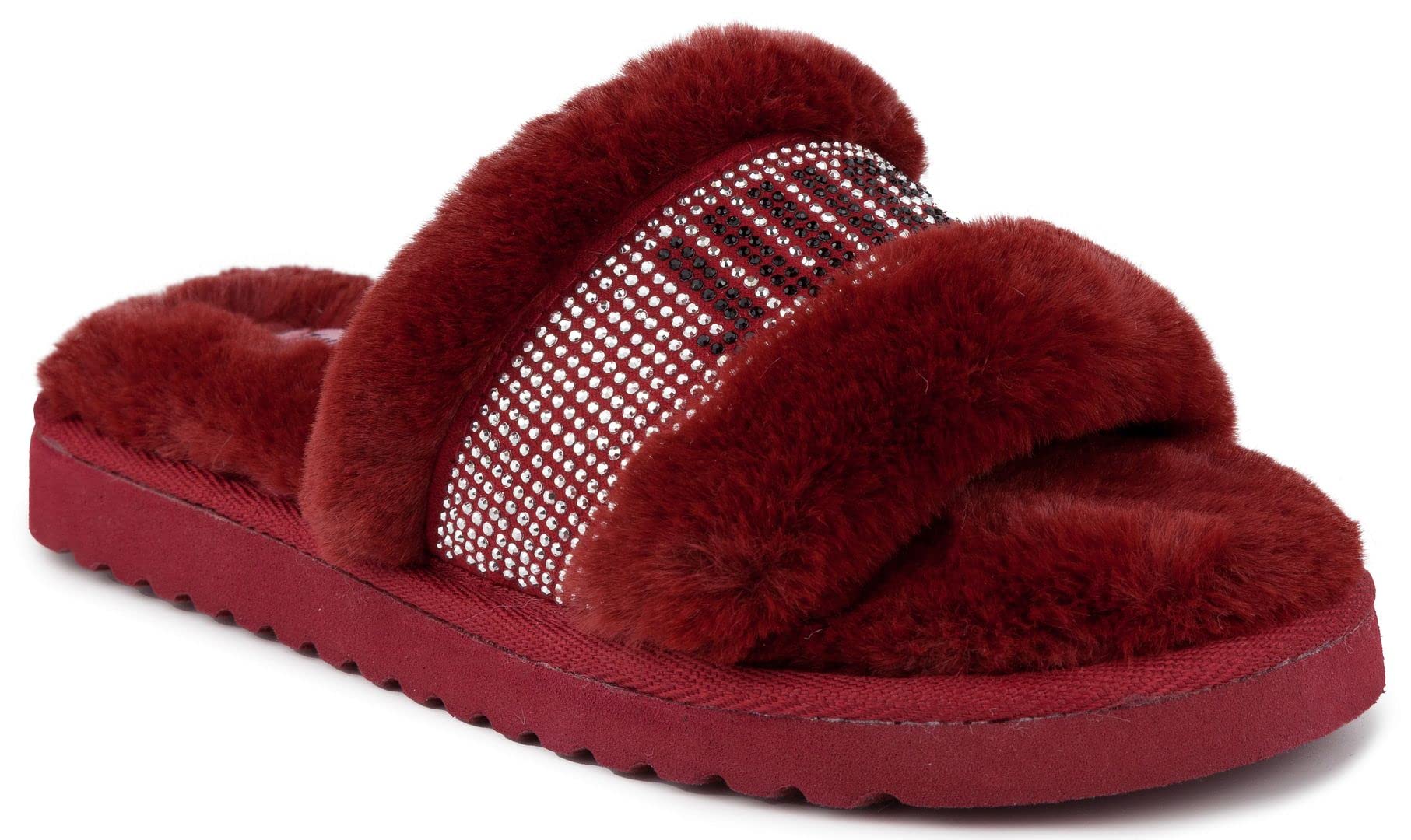 Juicy Couture Women's Luxe Faux Fur Slide Slippers with Embellished Strap, Cozy Indoor/Outdoor Fuzzy Slip-On Sandals, Halo - Burgundy, Size 9