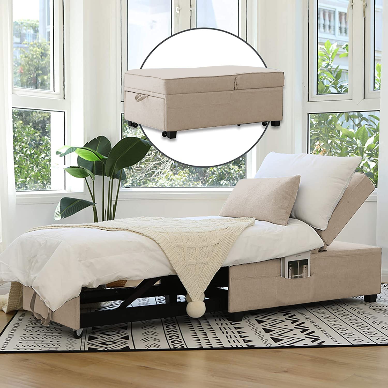 Cynefin Futon Chair with Lumbar Pillow and 3 Side Pockets, Sofa Bed Chair, Convertible Chair Sleeper Bed, 4 in 1 Ottoman Bed Tufted Fabric(70.8 x 26.3 x 16.4 inches, Beige)