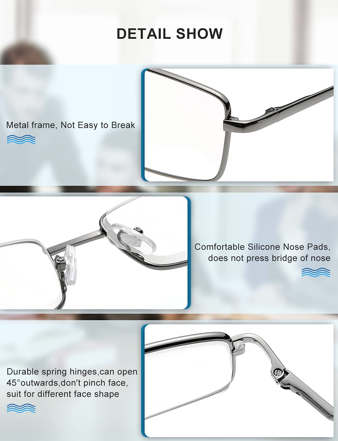 OKH 3 Pack Stainless Reading Glasses 2.50, Metal Frame Blue Light Blocking UV Protection Readers for Men