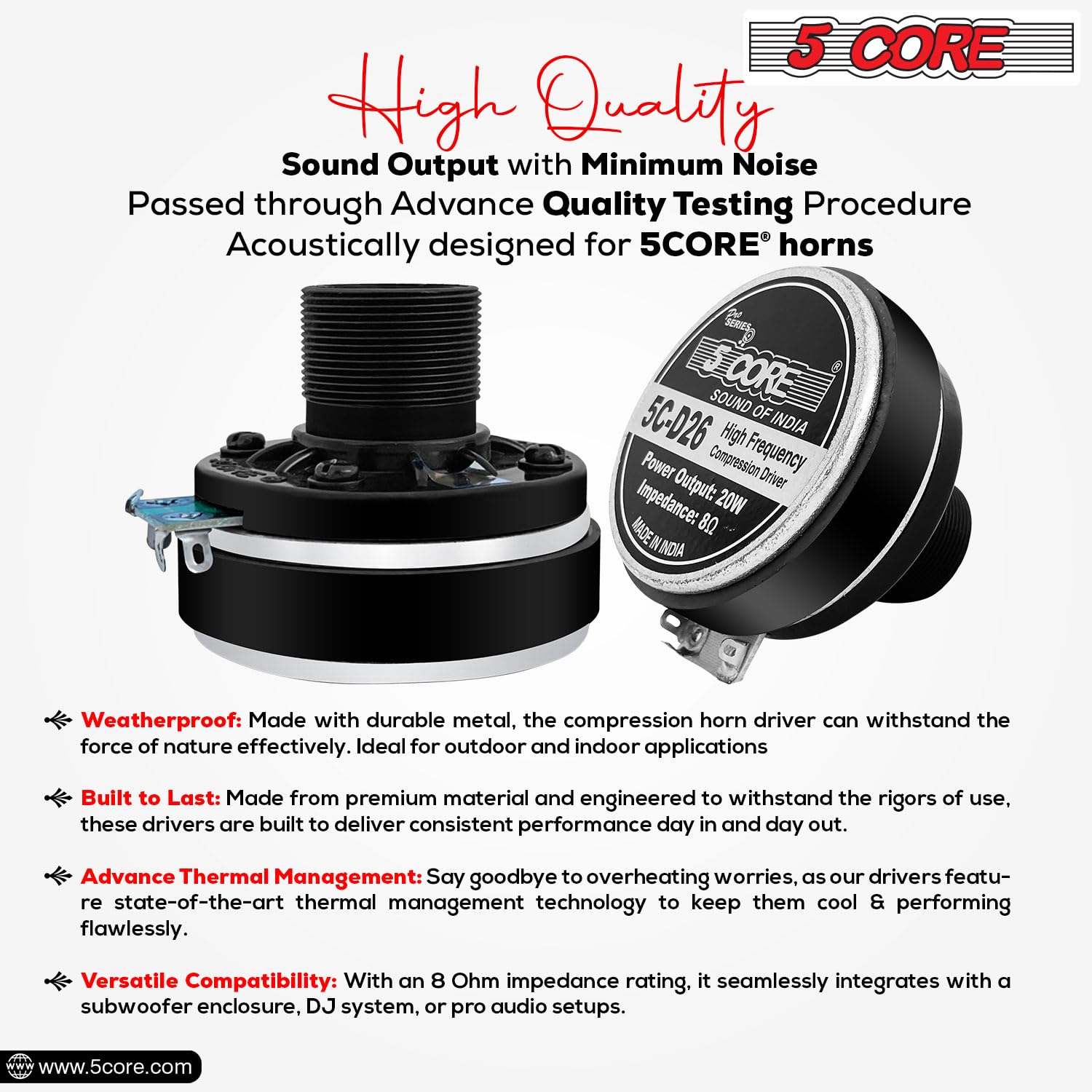 5 CORE Horn Speaker Tweeter Compression Driver Phenolic Diaphragm 1" Inch VC 8 Ohm 200W PMPO Screw On Throat Twist Tweeters High Frequency Car Pro Audio 5C-D26