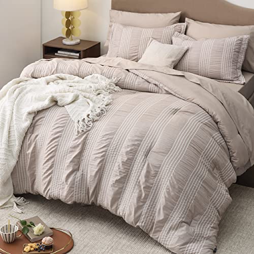 Bedsure Twin Bed in A Bag - Twin Comforter Sets 6 Piece Stripes Seersucker Bedding Set, Soft Lightweight Down Alternative Comforter Twin Bed Set(Khaki 68x88 inch)