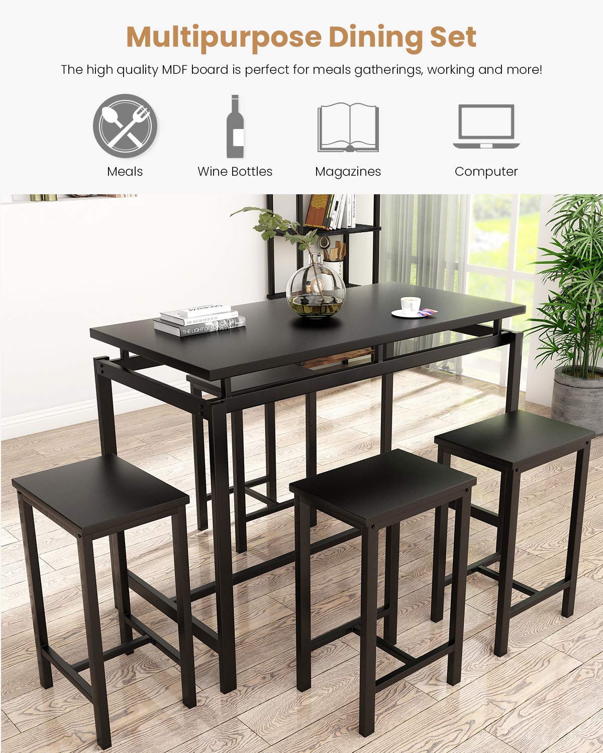 Recaceik 5 PCS Dining Table Set, Modern Kitchen Table and Chairs for 4, Wood Pub Bar Table Set Perfect for Breakfast Nook, Small Space Living Room