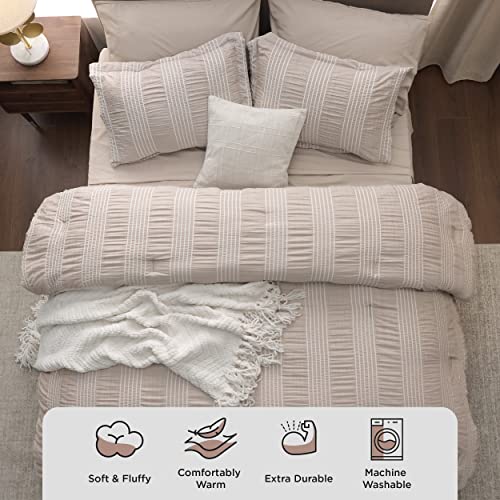 Bedsure Twin Bed in A Bag - Twin Comforter Sets 6 Piece Stripes Seersucker Bedding Set, Soft Lightweight Down Alternative Comforter Twin Bed Set(Khaki 68x88 inch)