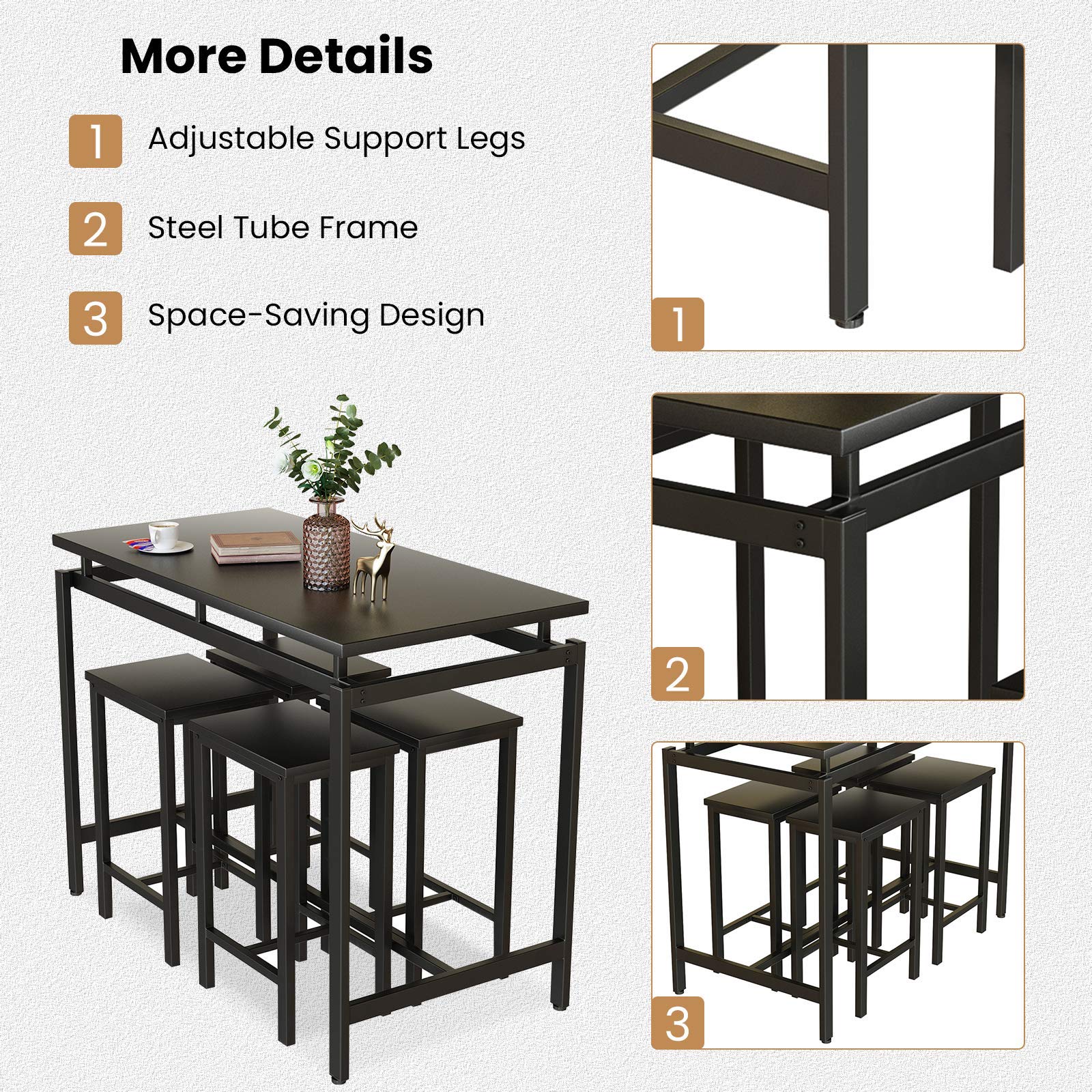 Recaceik 5 PCS Dining Table Set, Modern Kitchen Table and Chairs for 4, Wood Pub Bar Table Set Perfect for Breakfast Nook, Small Space Living Room