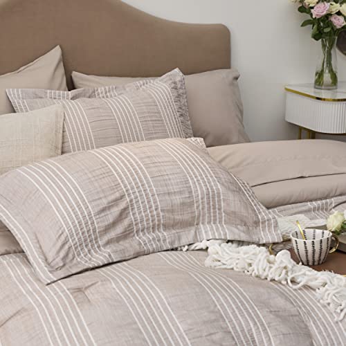 Bedsure Twin Bed in A Bag - Twin Comforter Sets 6 Piece Stripes Seersucker Bedding Set, Soft Lightweight Down Alternative Comforter Twin Bed Set(Khaki 68x88 inch)
