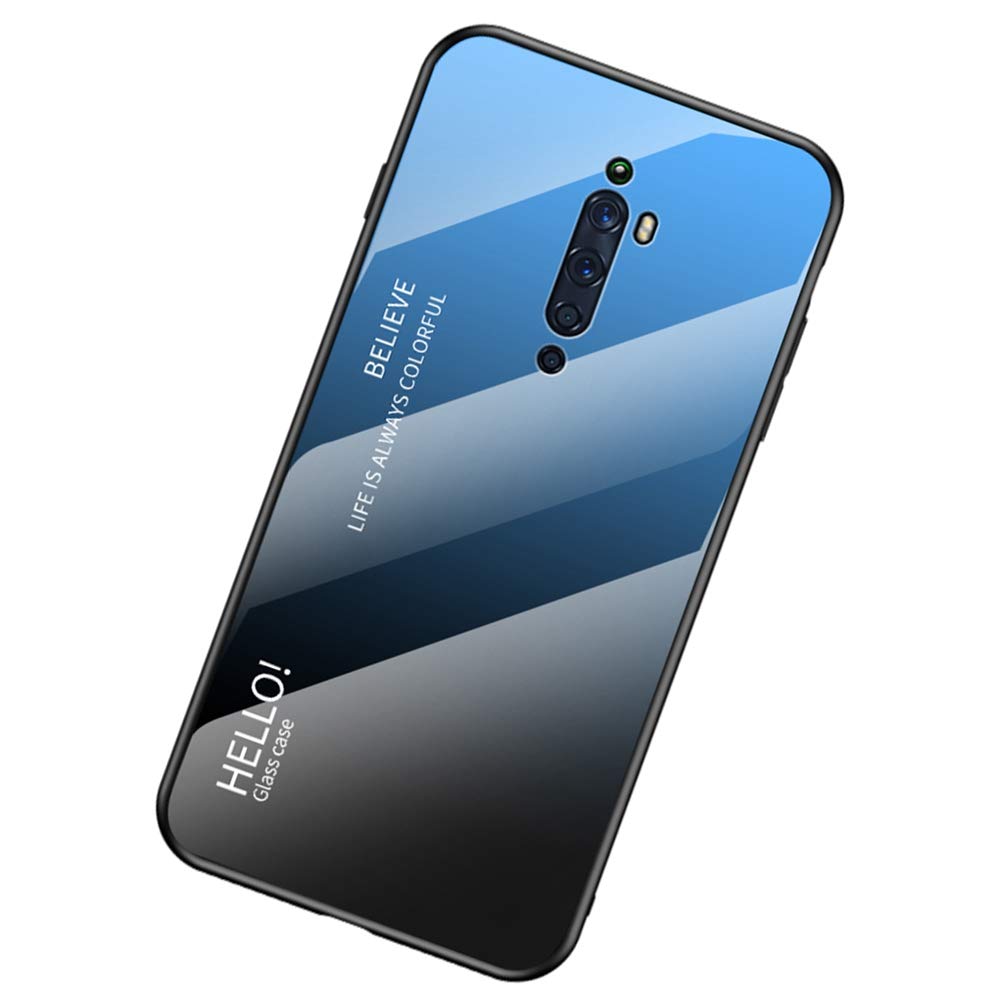 LUSHENG Case for Oppo Reno 2 Z/F, Gradient Color Tempered Glass Back Shell Soft TPU Edge Cover Phone Case, for Oppo Reno 2 Z/F (6.5") - Blue+Black